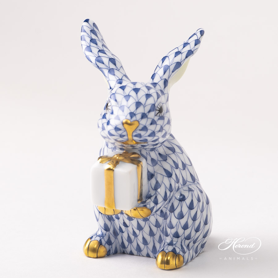 Rabbit with Gift Box - Navy Blue - Herend Animal Figurine