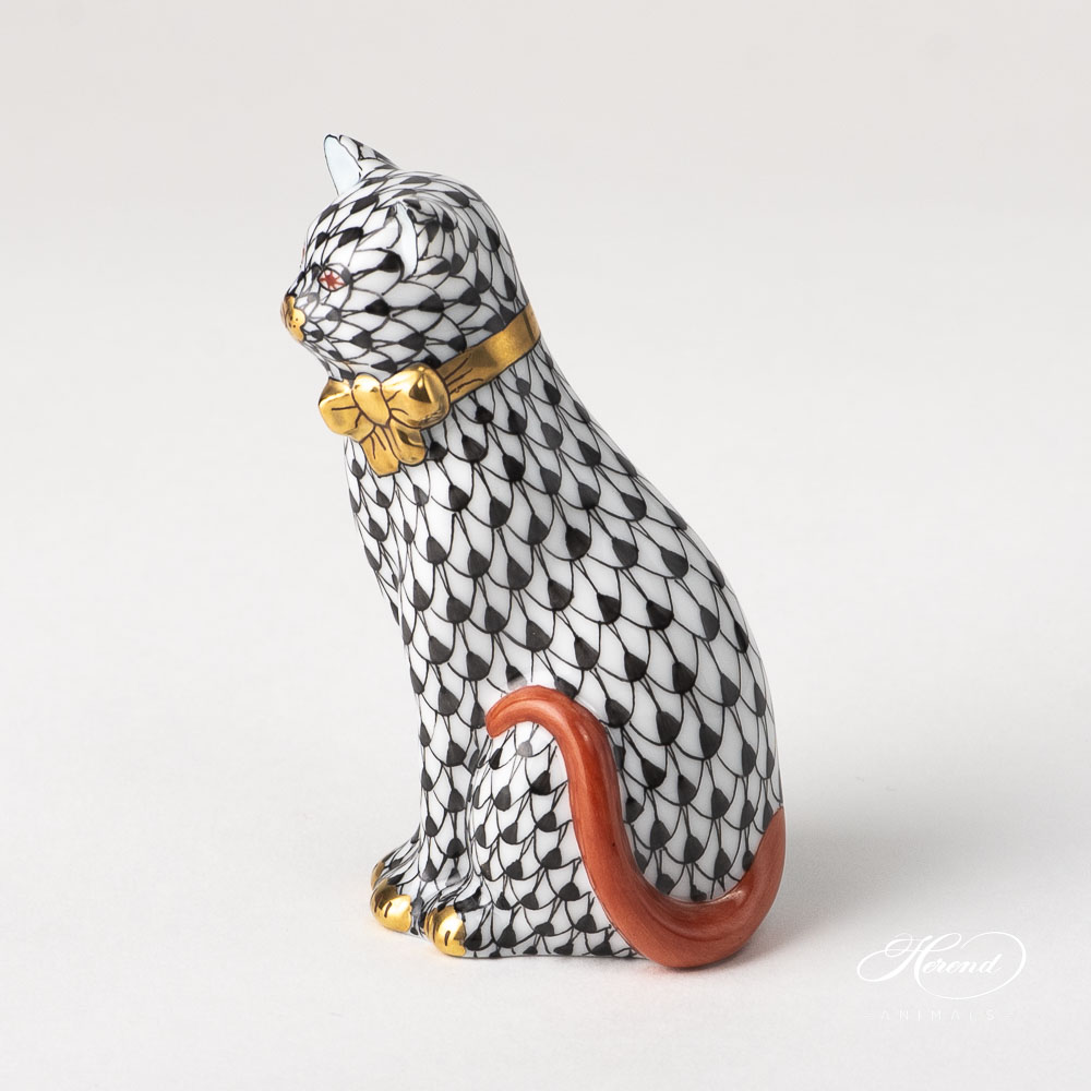 Cat w. Ribbon - Black - Herend Animal Figurine