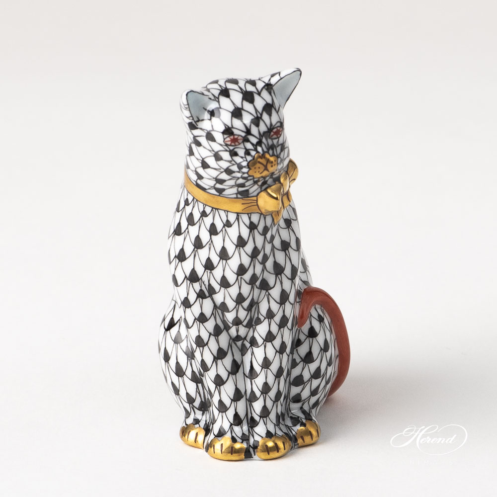 Cat w. Ribbon - Black - Herend Animal Figurine